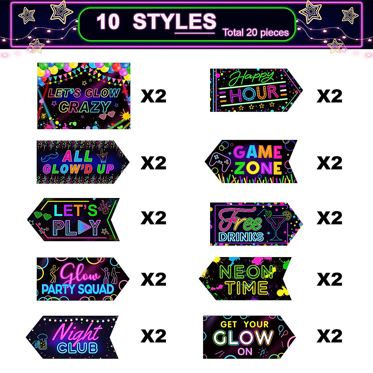 20 Pcs Glow in The Dark Party Decoration Signs Glow Neon Signs Decor Glow Party Supplies Neon Happy Birthday Party Decorations Let's Glow Crazy Welcome Signs for Neon Theme Party Decoration Supplies