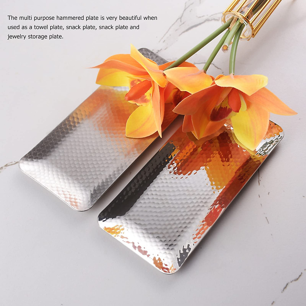 Hammered Tray with Raised Edges 9.8x4.3 inch Hammered Stainless Steel Rectangular Metal Serving Tray Platter Fruit Dish for Parties Copper Finish Makeup Organizer Jewellery Holder Towel(Silver)