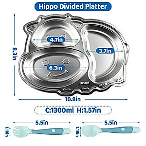 HOLIPOT 304 Stainless Steel Divided Plates, Food-Grade Toddlers Babies Kids Tray, 1300 Ml Toddler Plates with Suction, Self Feeding Training Kids Plates,Fits for Most High chairs Trays(Hippo)