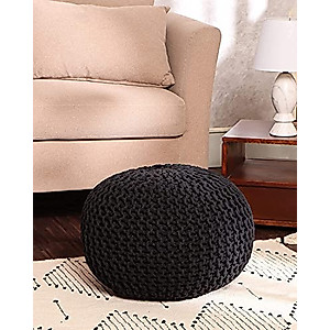 REDEARTH Round Pouf Foot Stool Ottoman - Hand Knitted Bean Bag - Cord Boho Pouffe - Cable Poof Footrest for Living Room - Nursery - Bedroom - Patio - 100% Cotton - Home Decor (19" x 19" x 14") - Black