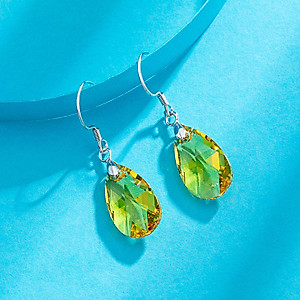 Teardrop Austrian Crystal Drop Dangle Earrings for Women 925 Sterling Silver Hook Hypoallergenic Earring (Yellow)