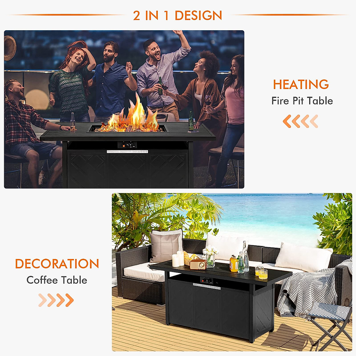ORALNER Propane Fire Pit Table, 57” Rectangular Outdoor Fire Table 50,000 BTU Fire Pit w/Lid & Lava Rocks Auto Ignition Metal Patio Fireplace, Gas Firepit Table for Outside Yard Balcony Deck, Black