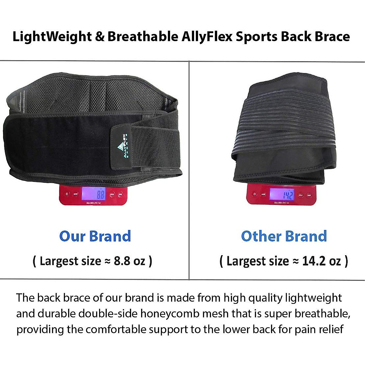 AllyFlex Sports® Lightweight Back Brace Under Clothes Breathable Honeycomb Mesh & Dual Lumbar Pads for Lower Back Pain Relief, Adjustable Straps for Optimal Lower Back Support - XL/XXL
