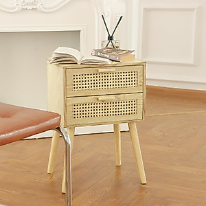 AWASEN Rattan NightStand Set 2, Nightstand Set of 2 with Drawers, Bedside Table with Storage and Solid Wood legs, Rattan Side Table End Table for Bedroom (Natural)