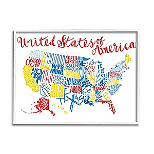 Stupell Industries United States of America Typography Map Primary Tones, Designed by Jace Grey White Framed Wall Art, 16 x 20, Blue