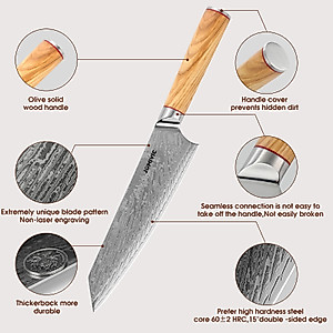 JOMIVIC Damascus Chef Knife Super Steel 8 inch Japanese Kitchen Knife with Wood Handle Razor Sharp Edge Knife with Gift Box and Cleaning Cloth Cooking Knife for Meat, Vegetables, Fish