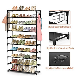 LANTEFUL 10 Tiers Shoe Rack 50 Pairs Large Capacity Tall Shoe Organizer Sturdy Shoe Storage with Two Hooks Space Saving Metal Wide Shoe Rack for Closet, Entryway, Bedroom, Black