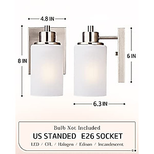 2-Pack Modern Bath Vanity Light Fixture 1-Light, Indoor Bathroom Wall Sconces for Living Room, Porch, Bedside, Brushed Nickel Finish with White Frosted Glass Shades Wall Mounted Lights