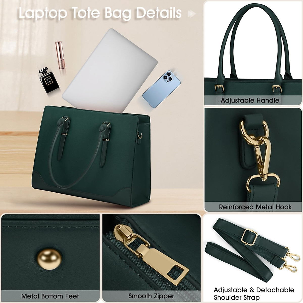IGOLUMON Laptop Bag for Women 15.6 Inch Laptop Tote Bag Large Work Bag Waterproof Leather Office Briefcase Business Computer Bag Shoulder Handbag Dark Green