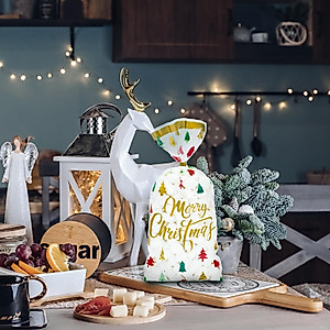 Whaline 150Pcs Christmas Cellophane Bags Red Green Gold Xmas Tree Print Candy Cookie Treat Bags Plastic Holiday Goodie Bags with Twist Tie