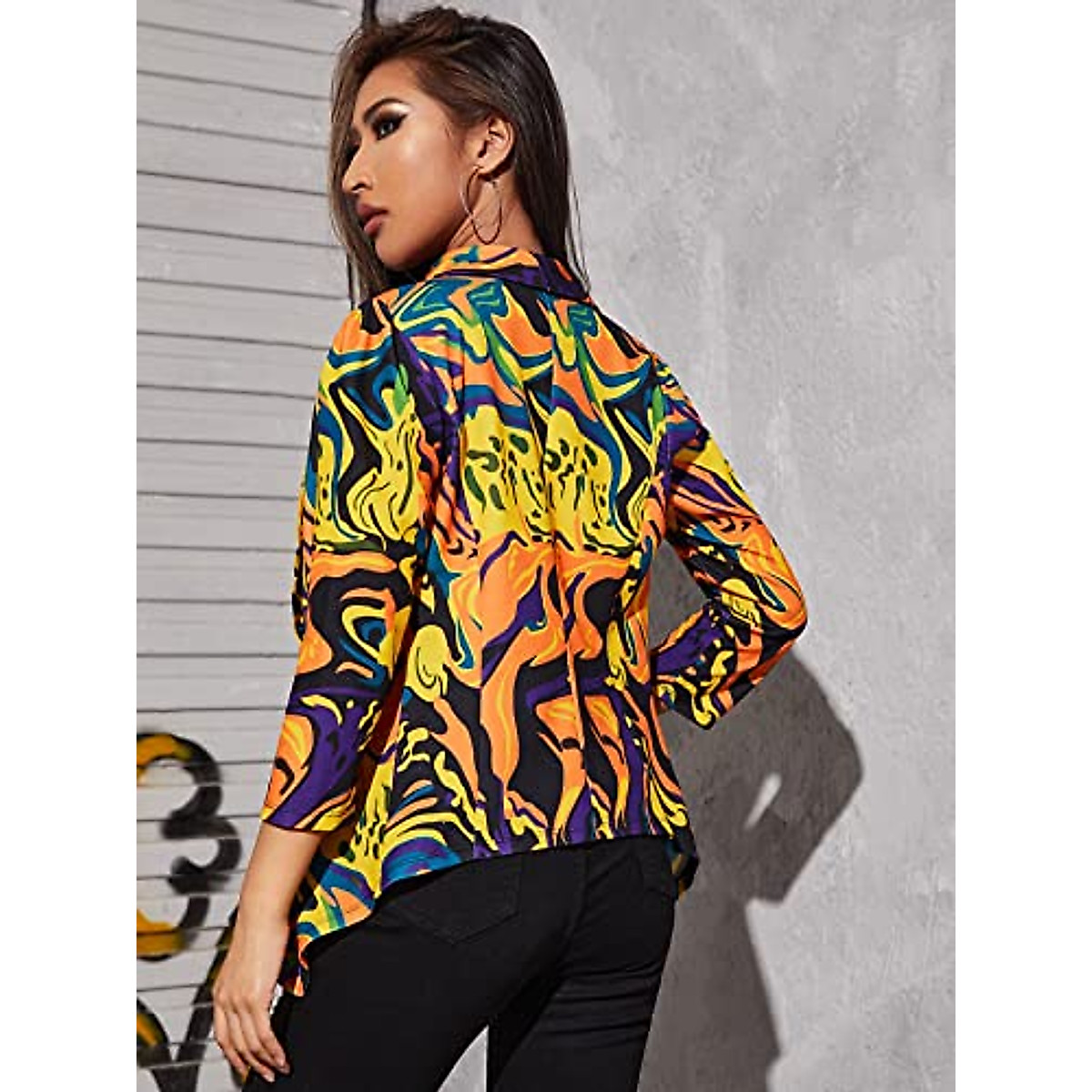 WDIRARA Women's Printed Open Front 3/4 Sleeve Blazer Ruffle Jacket Outerwear Printed Yellow L