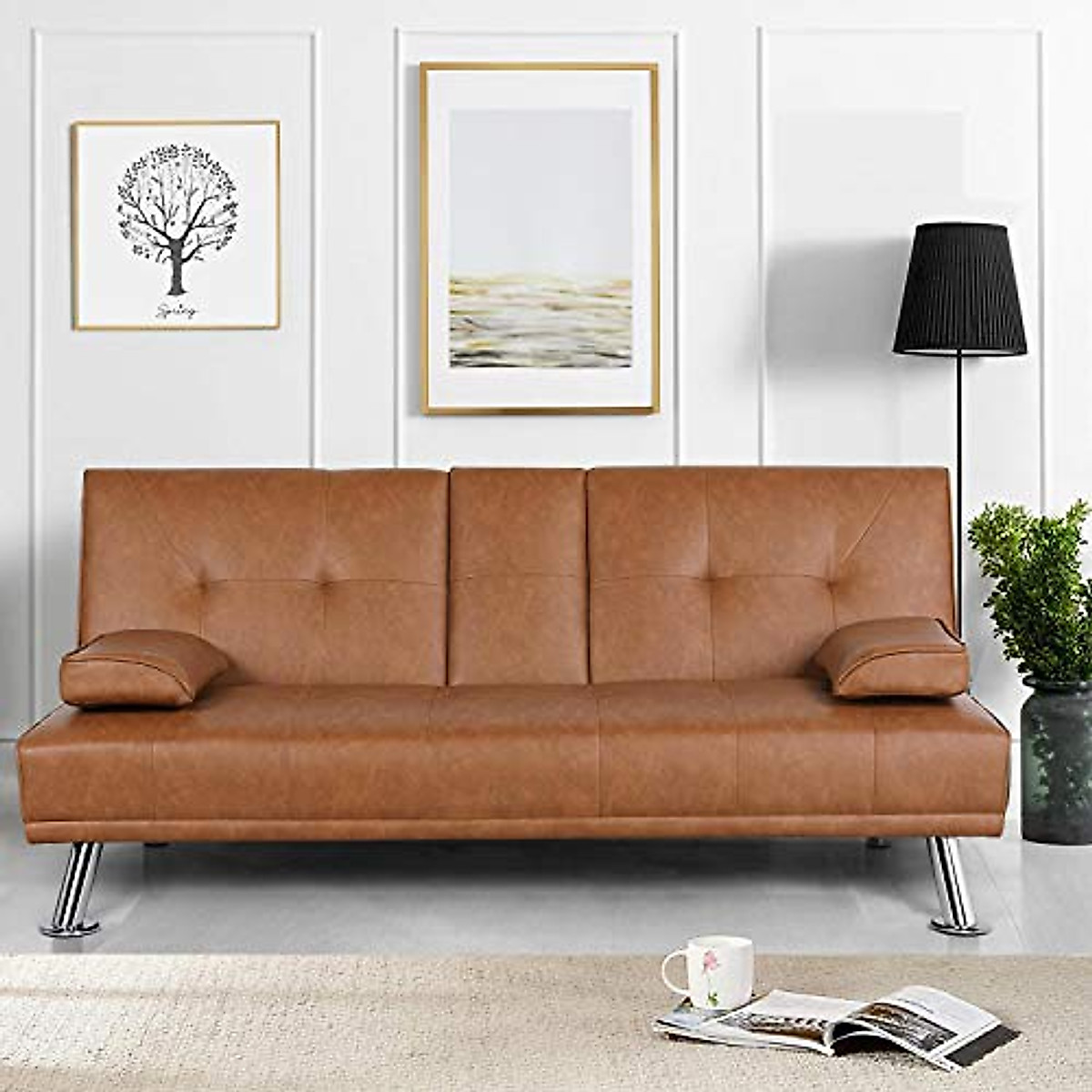 Topeakmart Adjustable Faux Leather Sofa Futon Modern Sofa Bed Convertible Sofa Couch Sleeper with Armrest Recliner Couch Home Furniture Brown