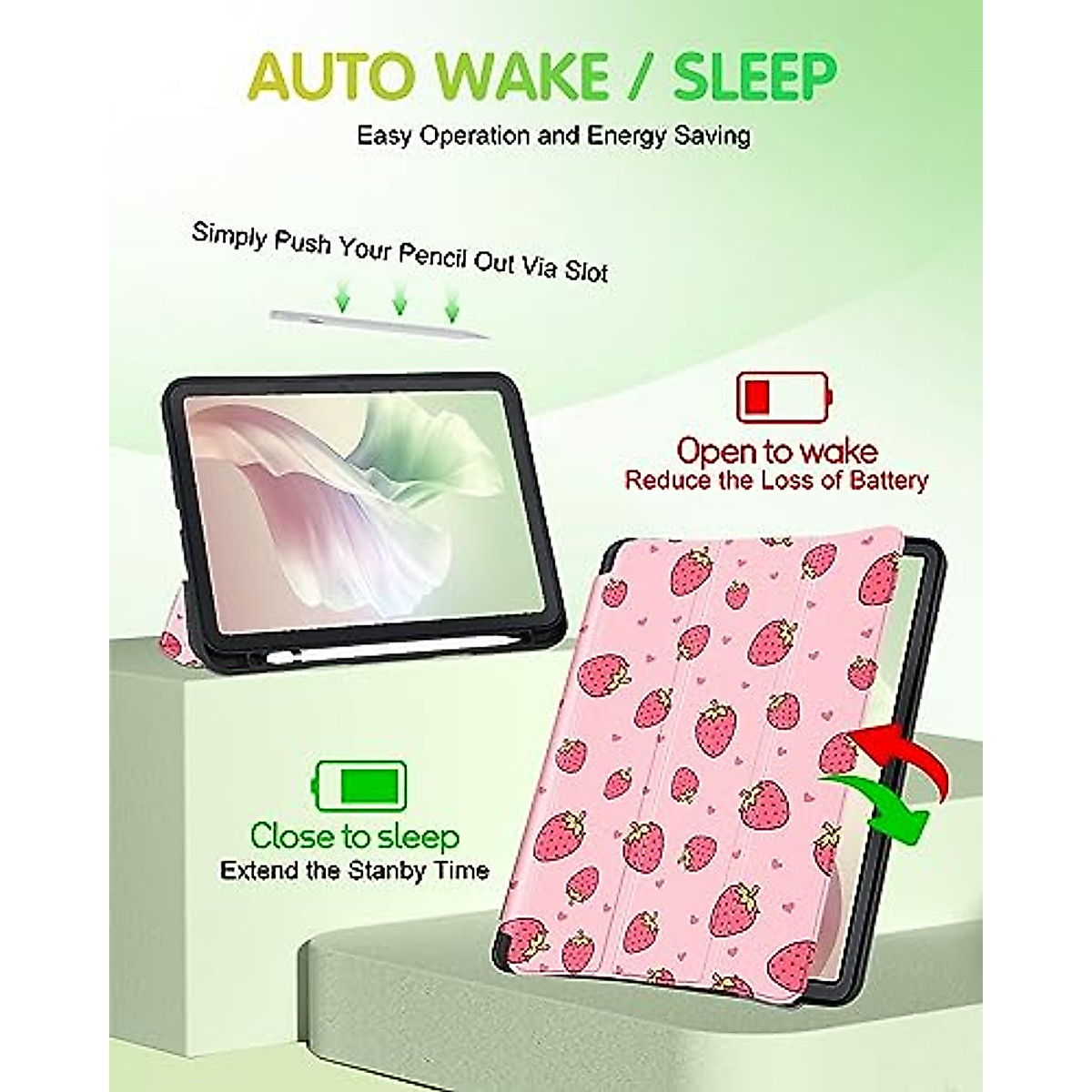 Uppuppy for iPad Air 5th/4th Generation Case 10.9, for iPad Pro 11 Inch Case Girls Cute Kids Women Folio Cover Pencil Holder Strawberry Design Girly Kawaii for Apple iPad Air 5/4 (2022/2020)/Pro 11"