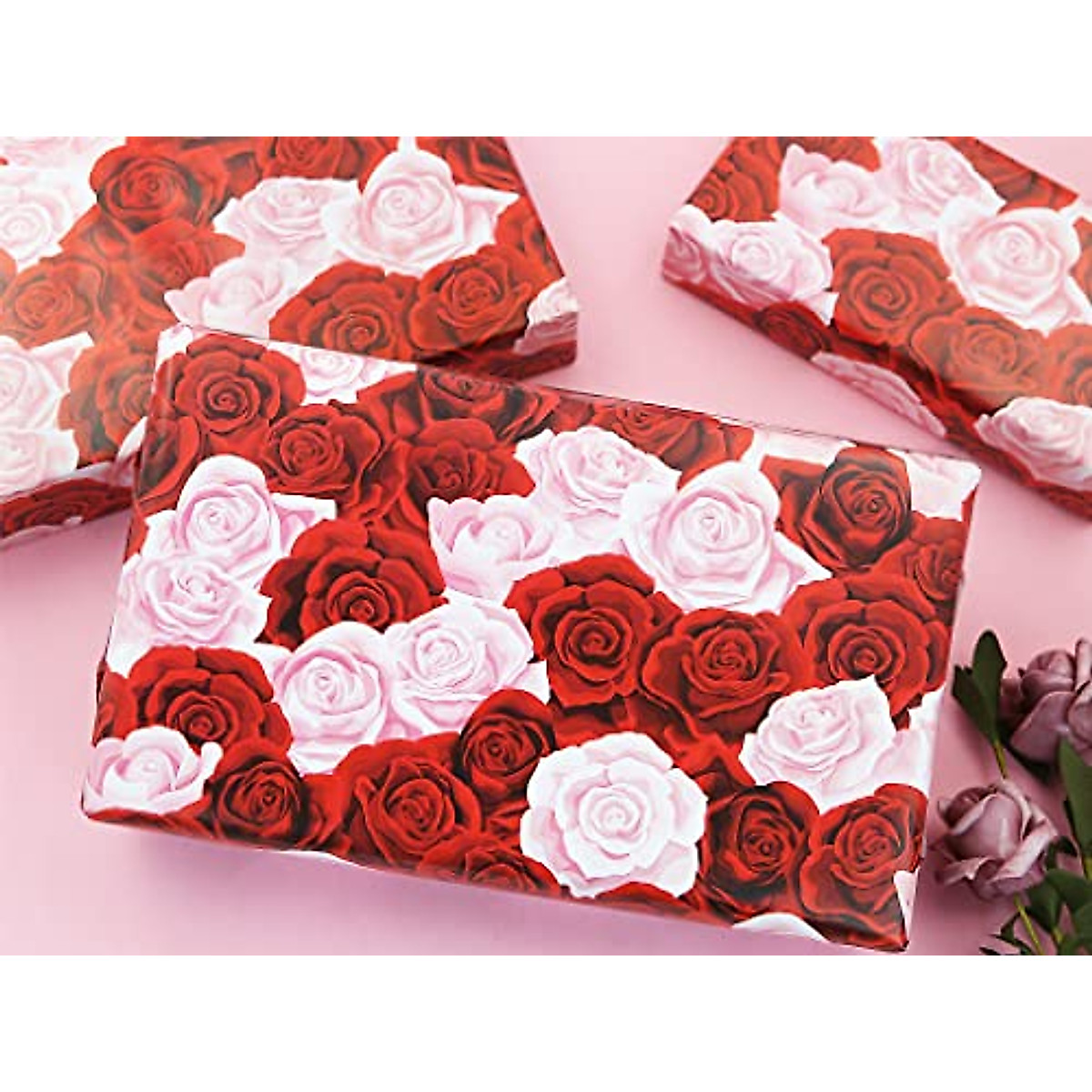 Rose Gift Wrapping Paper, Red and Pink Floral Gift Wrap 4 Folded Sheets Bridal Shower Wedding Wrapping Paper for Valentine's Day Birthday Women Mother's Day Lover's Gift Wraps