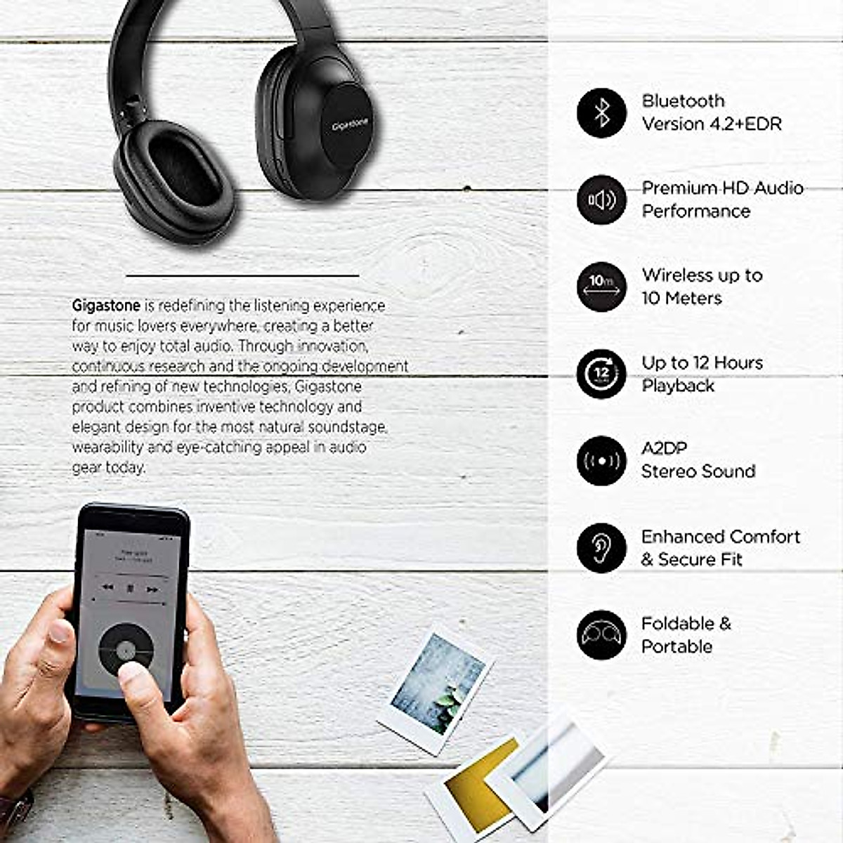 Gigastone Bluetooth Headphones Over Ear, Hi-Fi Stereo Wireless Headset Foldable Soft Earmuffs Around Ear Built-in Mic Wired Mode Compatible with Apple iPhone, Android Phones, PC, Good Looking