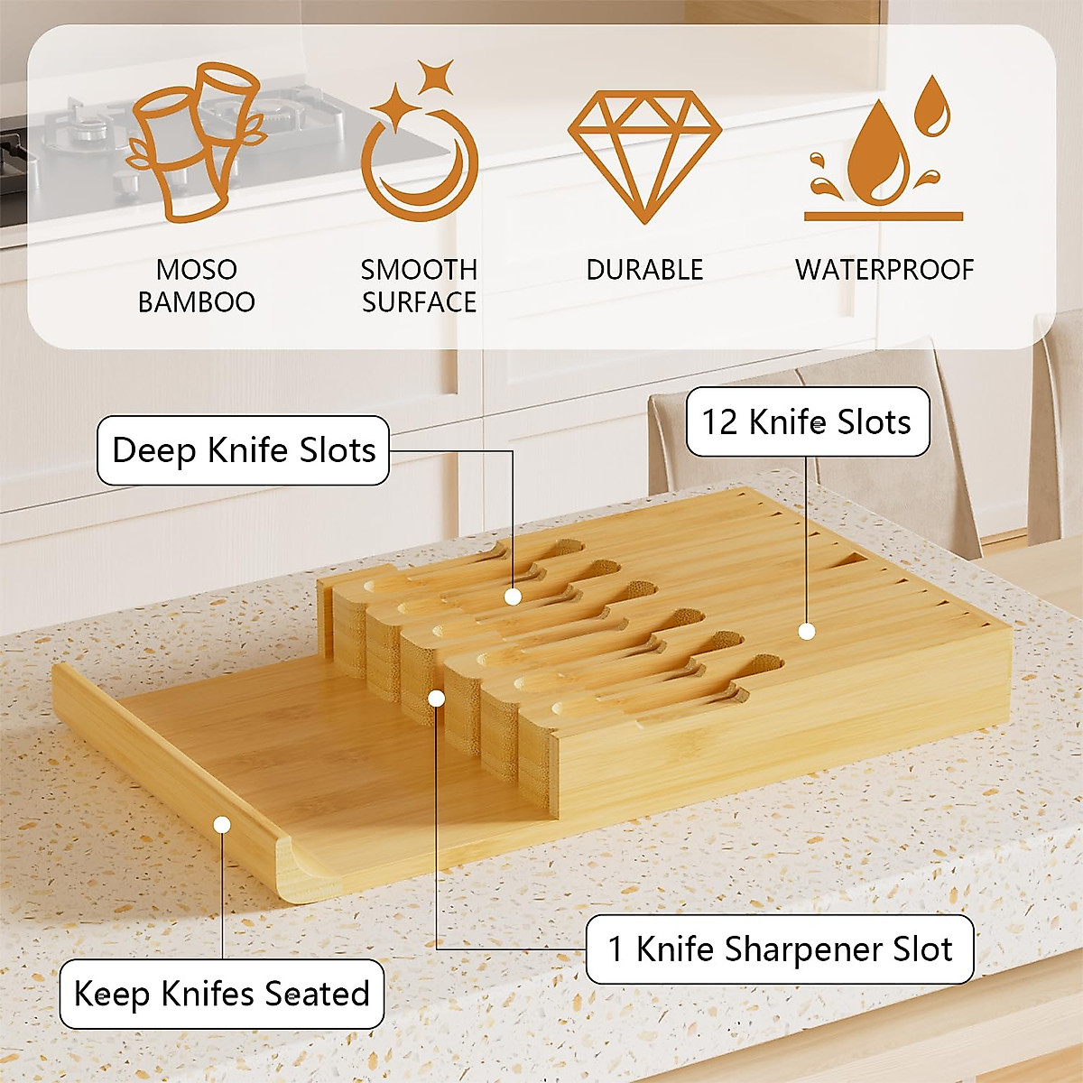 Domax Bamboo In-drawer Knife Block - Knife Drawer Organizer Insert Large Handle Steak Knife Holder, Kitchen Drawer Knife Organizer Fits for 12 knives and 1 Sharpening Steel (Not Included), Natural