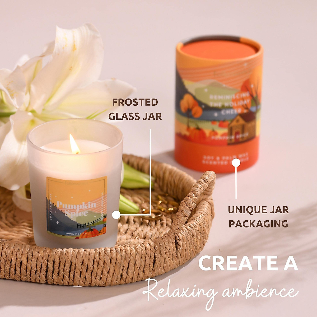 Folkulture Fall Candles for Home Scented, 7.06 Oz Soy Wax Fall Scented Candle Jar, Candle Gifts for Women, Odor Eliminating & Non - Toxic Candle, Large Pumpkin Candle - 50 Hr Burn Time