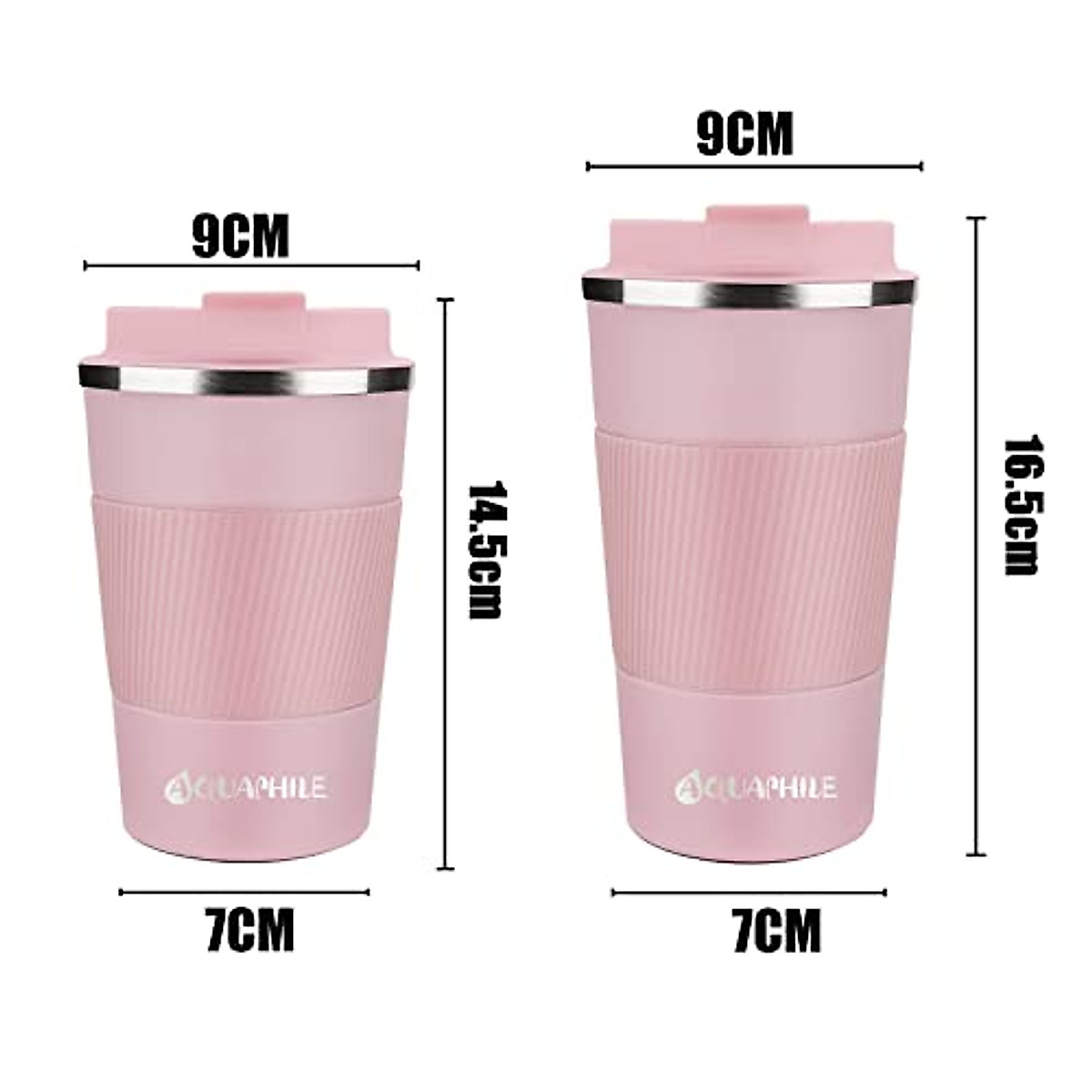 AQUAPHILE Reusable Coffee Cup, Coffee Travel Mug with Leak-proof Lid, Thermal Mug Double Walled Insulated Cup, Stainless Steel Portable Cup with Rubber Grip, for Hot and Cold Drinks(New-Pink, 12 Oz)