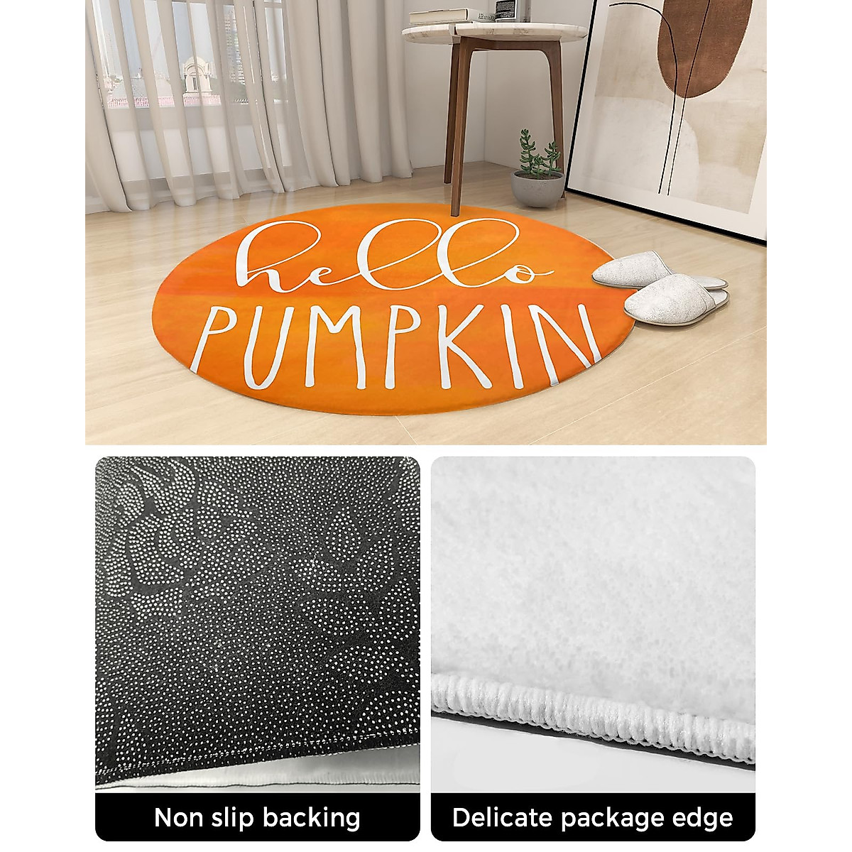 Thanksgiving Fluffy Round Area Rug Carpets 3ft, Plush Shaggy Carpet Soft Circular Rugs, Non-Slip Fuzzy Accent Floor Mat for Living Room Bedroom Nursery Home Decor Burnt Orange Pumpkin Festival