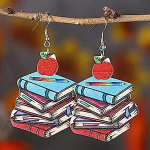 Leopard Lightning Teacher Earrings Teacher Letter Earrings Double sided Wooden Earrings Teacher Gift Book Pencil Apple Wooden Earrings Gift