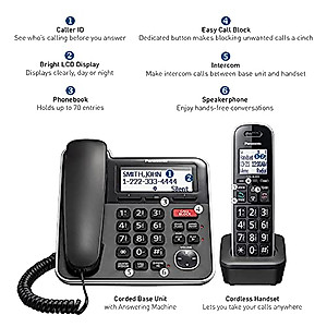 Panasonic Expandable Corded/Cordless Phone System with Answering Machine and One Touch Call Blocking – 1 Handset - KX-TGB850B (Black)