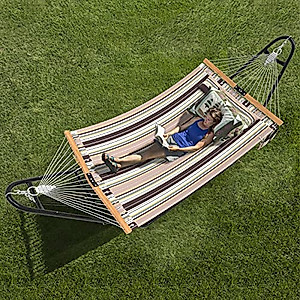 Double Hammock with Stand Included, Heavy-Duty 2 Person Hammock 550Lbs Capacity, Hammock Chair with Stand, Detachable Pillow and Cup Holder, Perfect for Indoor/Outdoor Patio, Deck, Yard(Brown)