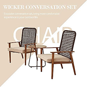 LOKATSE HOME 3-Piece Wicker Outdoor Conversation Bistro Set Patio All Weather Furniture 2 Cushioned Chairs and Side Table for Balcony Porch, Boho, Khaki