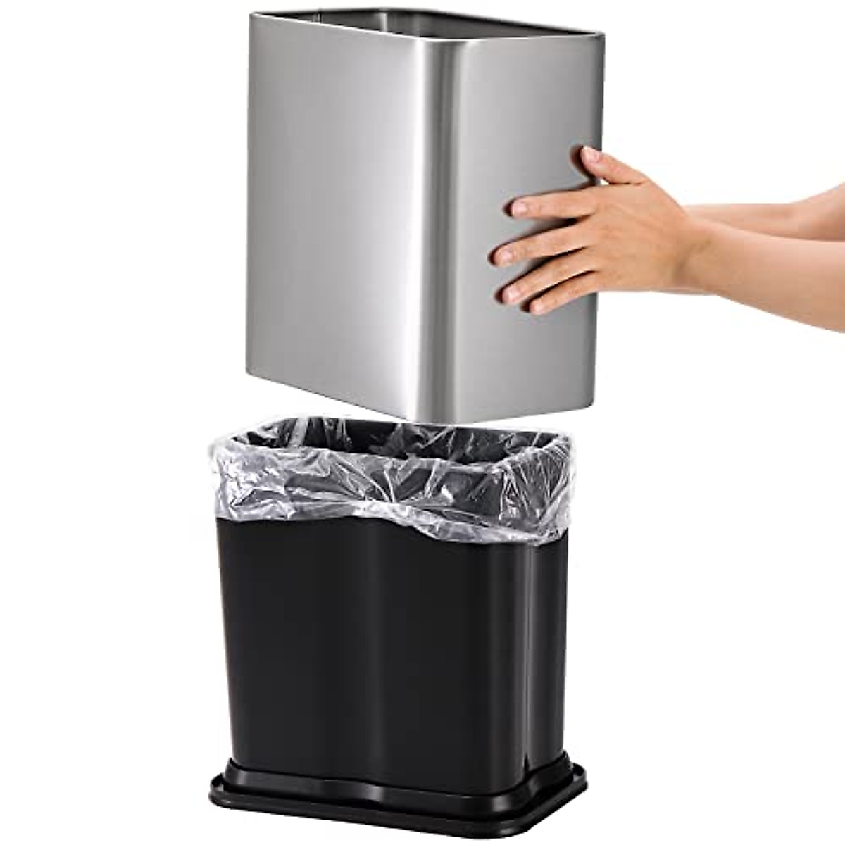Coloch 10L Rectangle Metal Trash Can, 2.6 Gallon Stainless Steel Wastebasket Slim Size Garbage Bin Silver Invisi-Overlap Open Top Rubbish Bin for Bathroom, Kitchen, Home, Hotel, Office, School