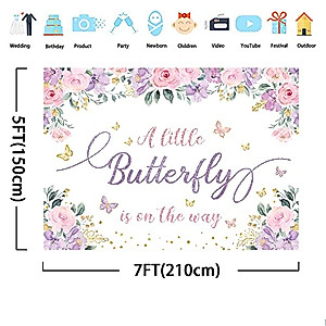 SVBright Butterfly Floral Baby Shower Backdrop 7Wx5H A Little Butterfly is on The Way Pink Purple Flowers Girls Princess Gold Dots Party Decorations Photography Background Banner Photo Booth Studio
