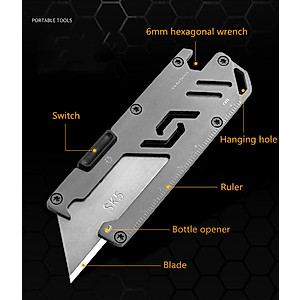 KUNSON Stainless Steel Keychain Utility Knife, Portable Pocket Retractable Box Cutter for Cartons, Cardboard and Boxes, Office and Home EDC Use Extra 5 Blades Included, Grey