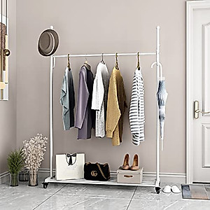 DR.IRON Rolling White Clothing Racks on Wheels,Metal White Clothes Racks with Shelves,Modern Coat Rack freestanding for Organizing Clothes and Shoes,bags,hats