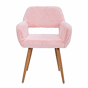 SSLine Faux Fur Vanity Chair Elegant Pink Furry Makeup Desk Chairs for Girls Women Modern Comfy Fluffy Arm Chair with Wood Look Metal Legs in Bedroom Living Room