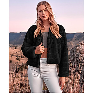 BTFBM Women's Faux Fur Coat Open Front Warm Winter Long Sleeve Outwear Shaggy Jackets Parka Short Cardigan Jacket(Solid Black, Large)