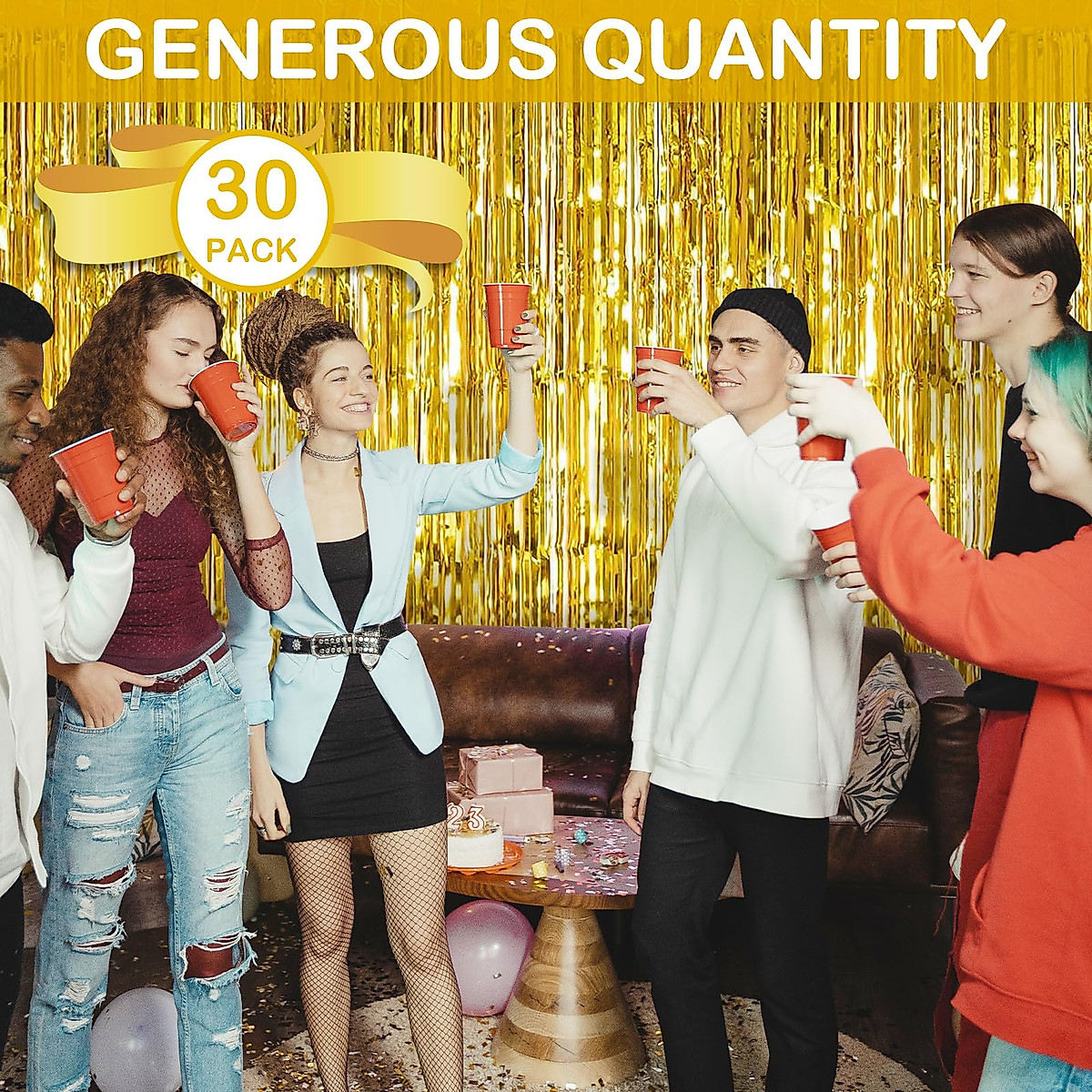 30 Pack Gold Foil Fringe Curtain Backdrop, 3.3x8.2 Feet Metallic Tinsel Streamer Curtains Photo Booth Props for Birthday/Wedding/Graduation/Baby Shower/Christmas/New Year/Disco Party Decorations