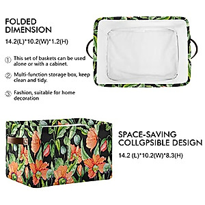 Large Foldable Storage Basket Red Poppy Flowers Black Storage Bin Canvas Toys Box Fabric Decorative Collapsible Organizer Bag with Handles for Bedroom Home