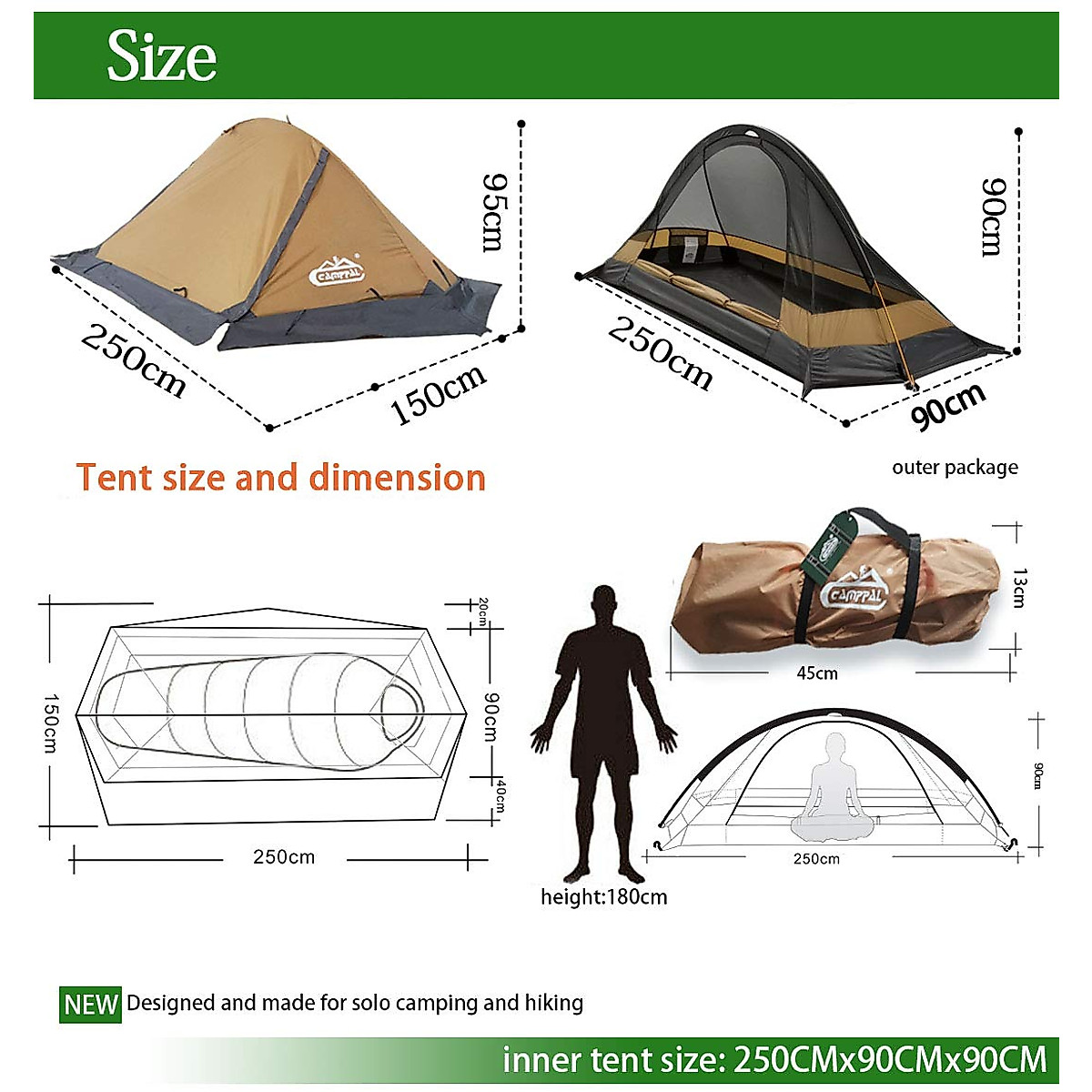 camppal 1 Person Tent Backpacking Camping Hiking Mountain Hunting Tent Lightweight and Waterproof for 4 Season Extreme Space Saving Single Bracket (Khaki-with skirt)