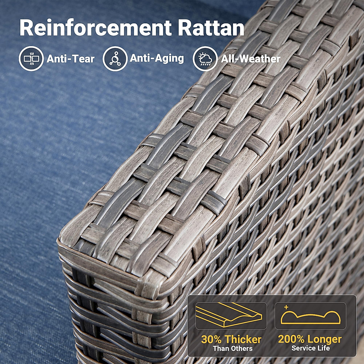 ovios 5-Pieces Patio Furniture Set, Outdoor Wicker Chairs of 4 with 30-inches Fire Pit Table, High Back Rattan Chair Set for Porch Deck Garden (Denim Blue)