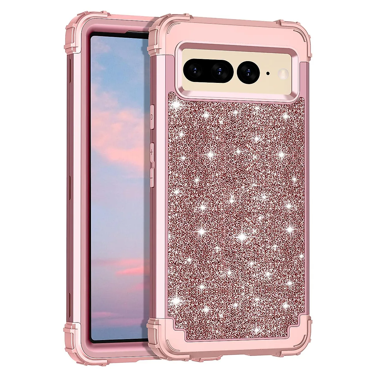 LONTECT for Google Pixel 7 Pro Case Glitter Sparkly Bling Shockproof Heavy Duty Hybrid Sturdy Drop Protective Cover Women Girl Case for Google Pixel 7 Pro 2022,Shiny Rose Gold