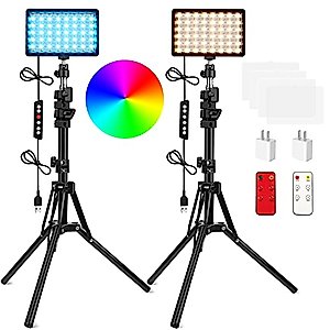 QEUOOIY 2 Packs RGB LED Video Light with Adjustable Tripod Stand/White Filters, Dimmable 2500-6500K USB Video Conference Lighting Kit for YouTube Photography/Game Zoom Live, Streaming,TikTok, 1.6M