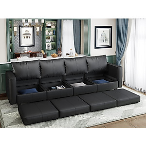 EASE MOOSE Modular Sectional Couch with Storage Seats, 4 Seat Faux Leather Convertible Modular Sofa Sectional Sofa Couch with Reversible Chaises for Small Spaces