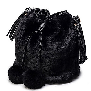 Van Caro Women’s Faux Fur Drawstring Bucket Bag Shoulder Crossbody Bag, Black
