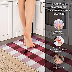 Carvapet Buffalo Plaid Kitchen Rug 2 PCS Cushioned Anti-Fatigue Kitchen Mat Waterproof Non-Slip PVC Ergonomic Comfort Standing Foam Mats for Office Laundry, Rose&White, 17.3''x27.5''+17.3''x47.2''