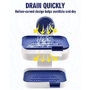 MOVNO Double Layer Soap Dish Soap Holder for Shower Wall, Sponge and Bar Soap Holder Saver for Bathroom Gadgets, Soap Container with Draining Tray Soap Case for Bathroom and Kitchen（Blue）