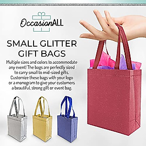Small Gift Bags - 12 Pack Mini Red Metallic Glitter Gift Bags with Handles, Cute Reusable Eco Friendly Bling Tote for Valentine Goodie & Favor Bags, Birthday Party, Candy Favors, in Bulk - 6x3x8