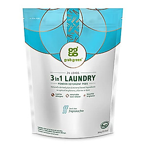 Grab Green 3-in-1 Laundry Detergent Pods, 24 Count, Fragrance Free, Plant and Mineral Based, Superior Cleaning Power, Stain Remover, Brightens Clothes