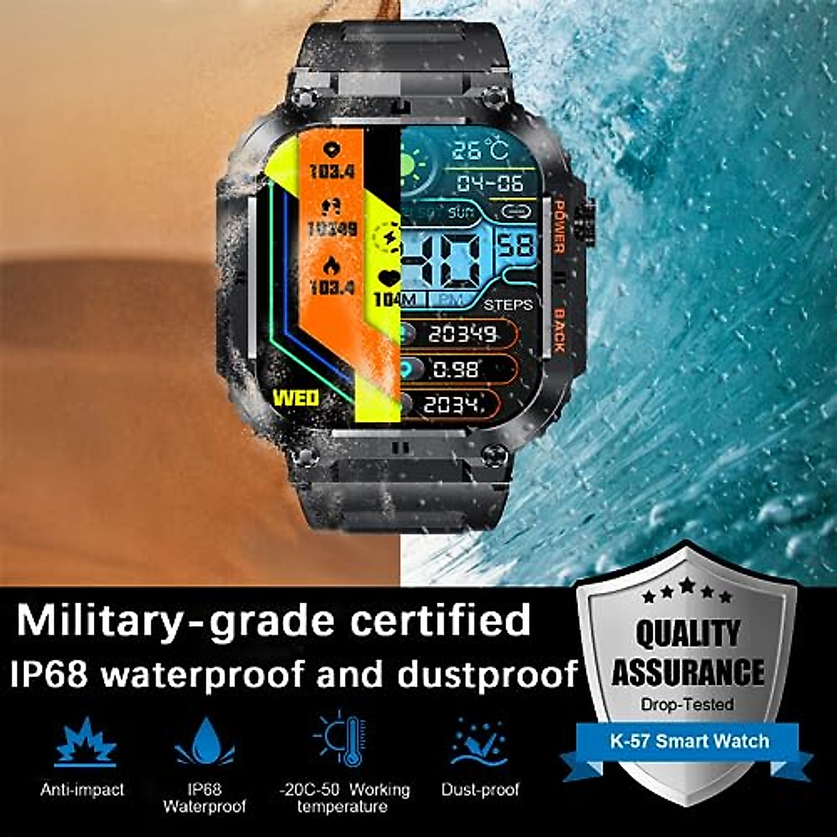 UDERIB Smart Watch - Military-Grade Waterproof and Sturdy with Bluetooth 5.0 Calling, 1.96-inch HD Display, 65-Day Battery Life, 100+ Sports Modes Fitness Tracker