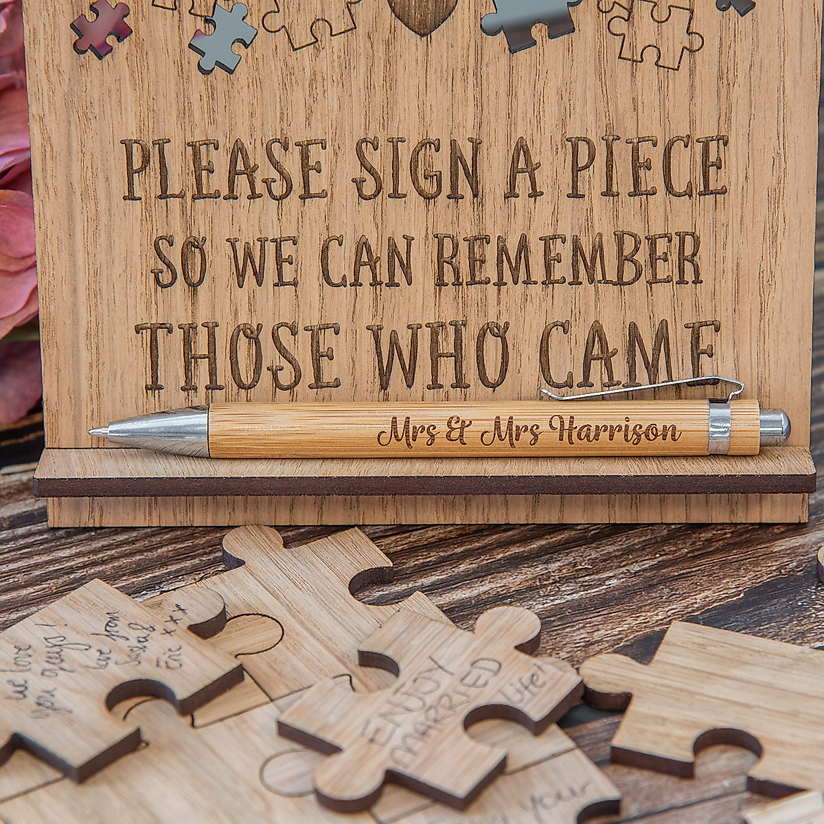 Wedding guest book alternative jigsaw puzzle personalized guestbook | laser engraved wooden pieces for party engagement reception anniversary (150 piece - Cursive Font)