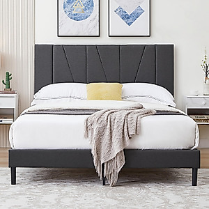 Flolinda Full Size Bed Frame Upholstered Platform with Complete Headboard and Strong Wooden Slats, No Box Spring Needed, Easy Assembly, Dark Grey