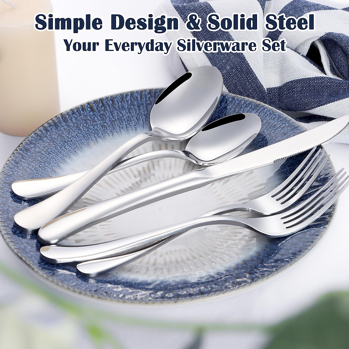 E-far Heavy Duty Silverware Set for 8, 40-Piece Stainless Steel Flatware Cutlery Set, Thick Metal Eating Utensils Including Forks and Spoons Knife, Heavy Weight & Mirror Finish, Dishwasher Safe