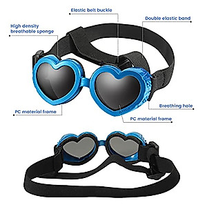 APOSU Dog Sunglasses Small Breed Goggles UV Protection with Adjustable Strap Doggy Heart Shape Anti-Fog Sunglasses Eye Wear Protection for Puppy Sun Glasses Doggie Windproof Glasses (Blue)